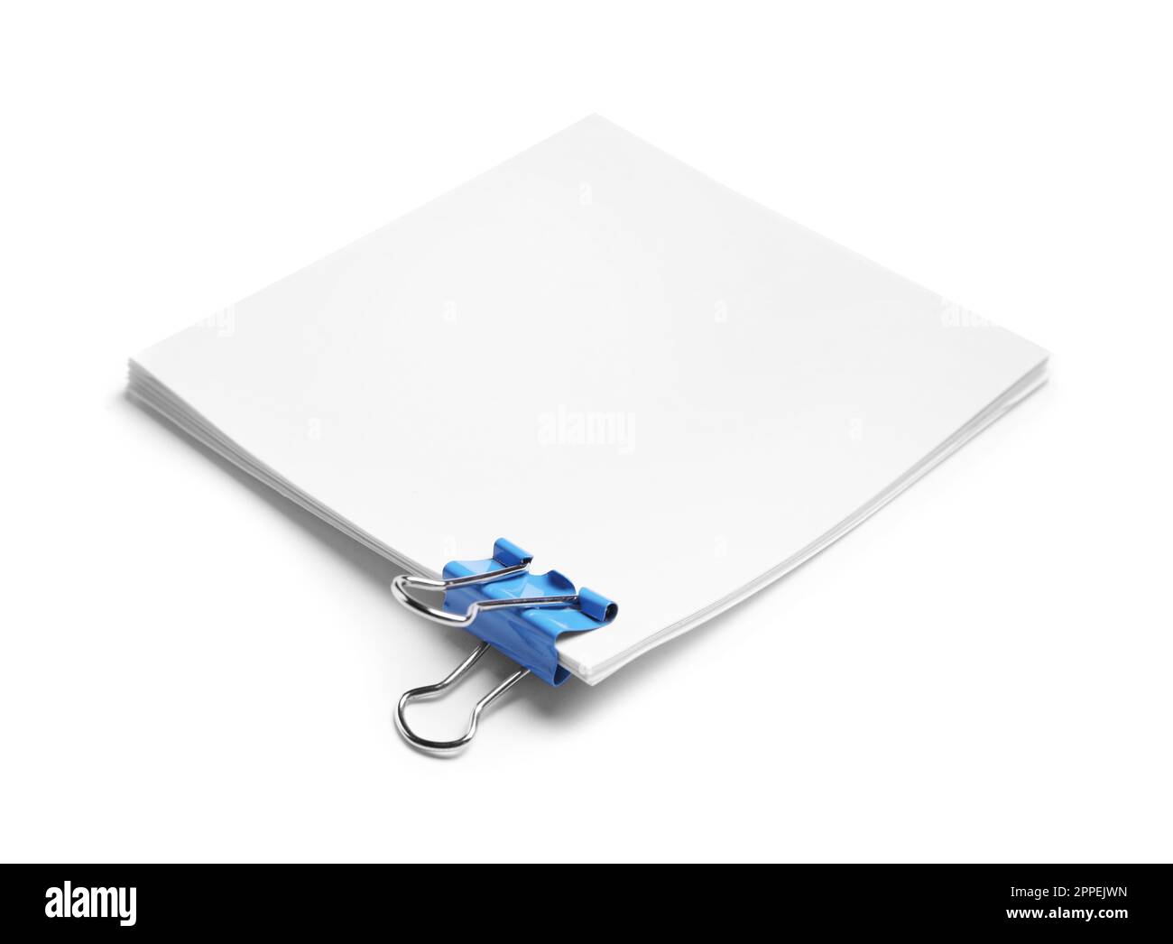 Note paper sheets with blue clip isolated white Stock Photo - Alamy