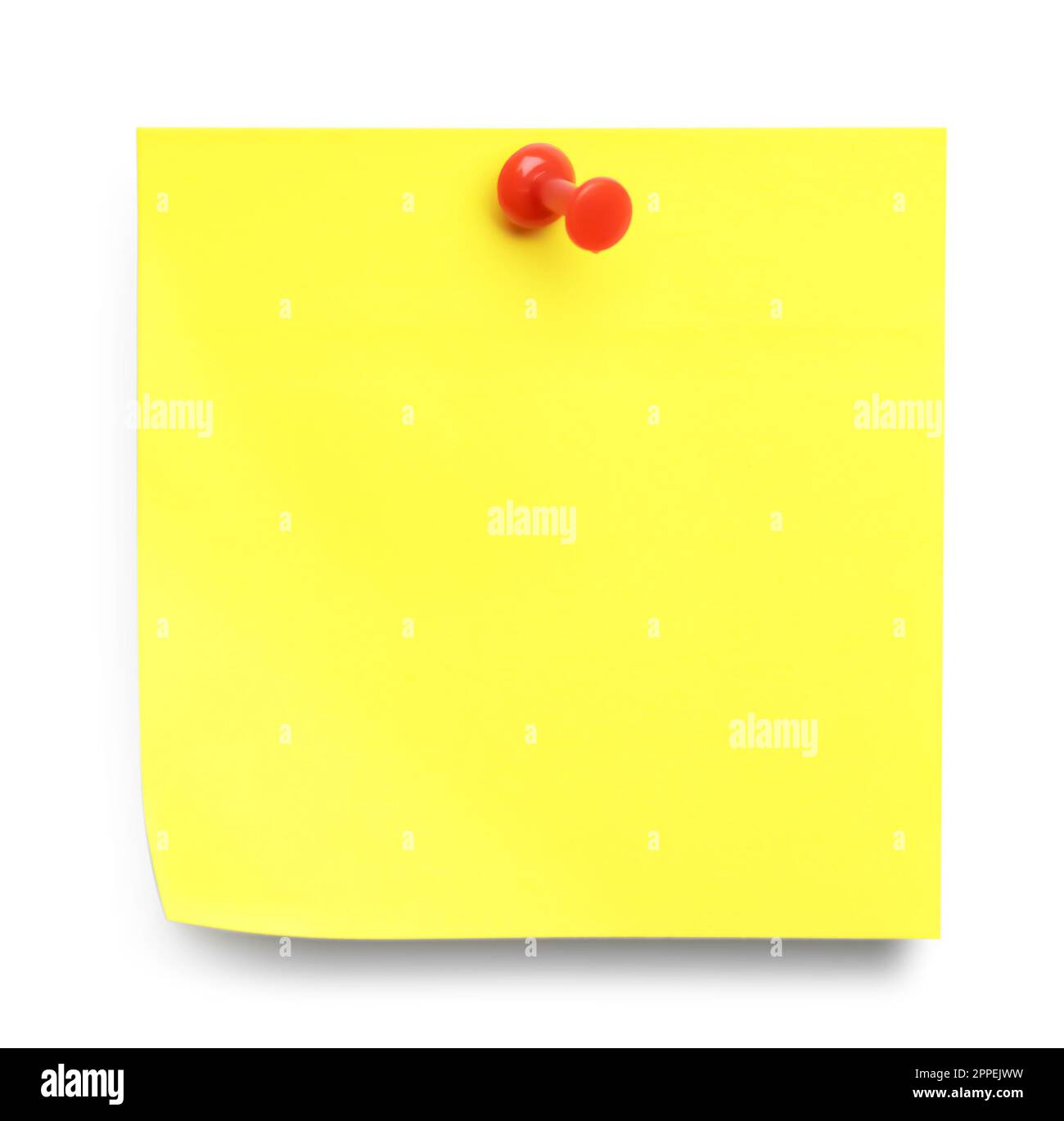 Blank yellow note pinned on white background, top view Stock Photo - Alamy