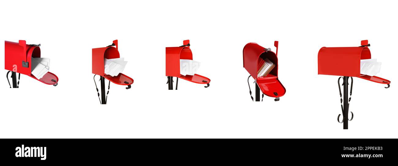 Set of red letter boxes with envelopes on white background. Banner ...