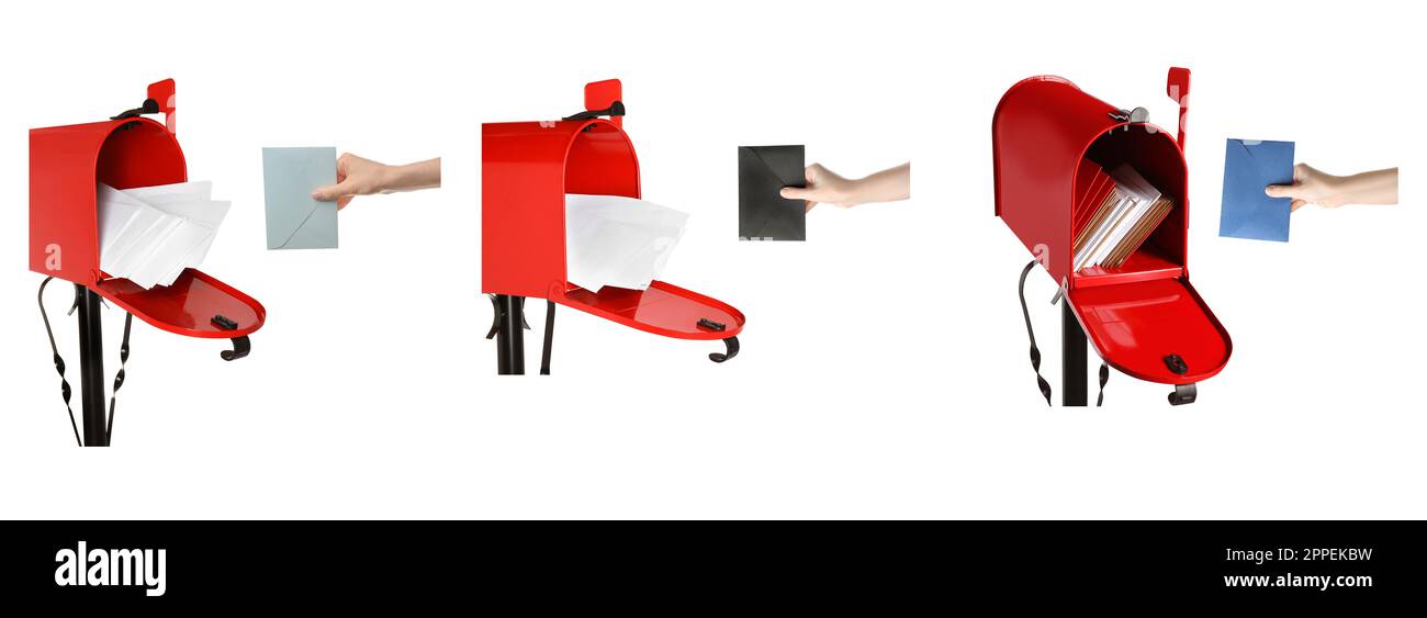 Collage with photos of women putting envelope in red letter box on ...