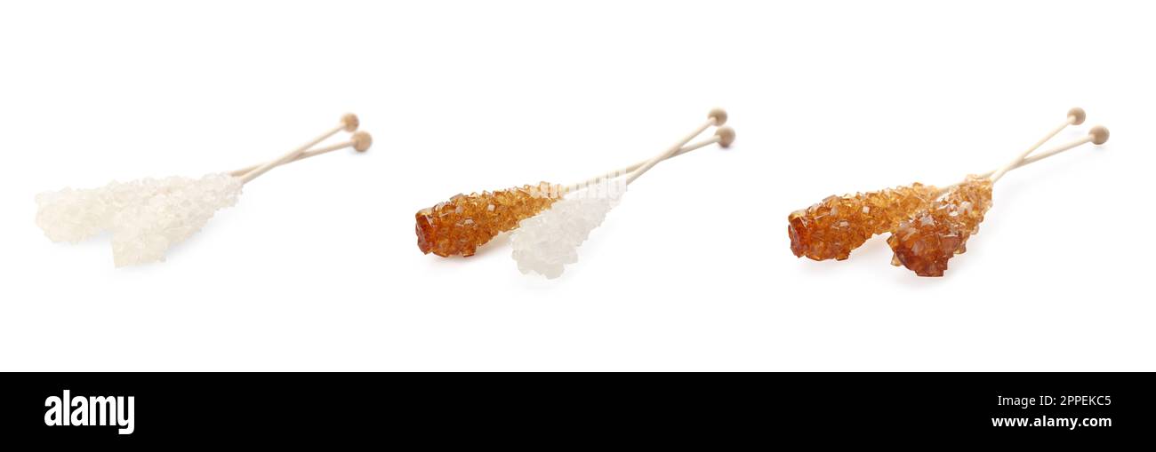 Set of wooden sticks with sugar crystals on white background, banner ...