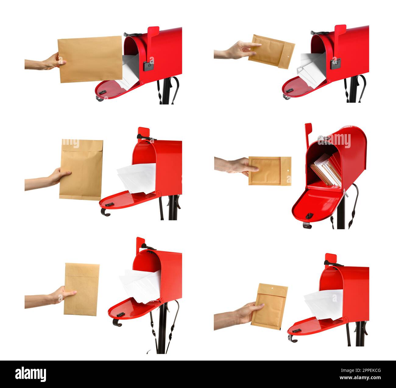 Collage with photos of women putting envelope in red letter box on ...