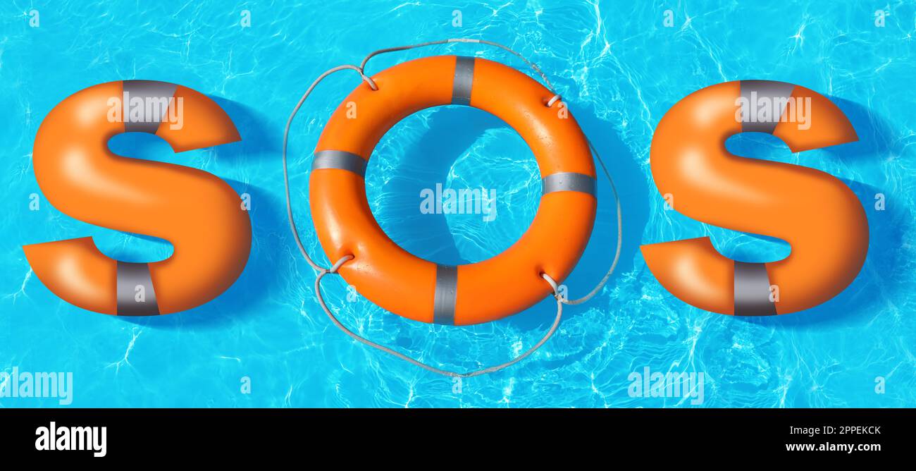 SOS message made from lifebuoy and letters in pool, top view. Banner ...