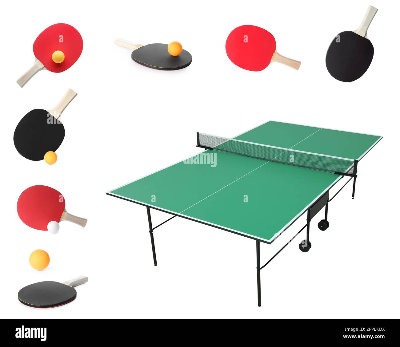 Green ping pong table and rackets with balls on white background Stock ...