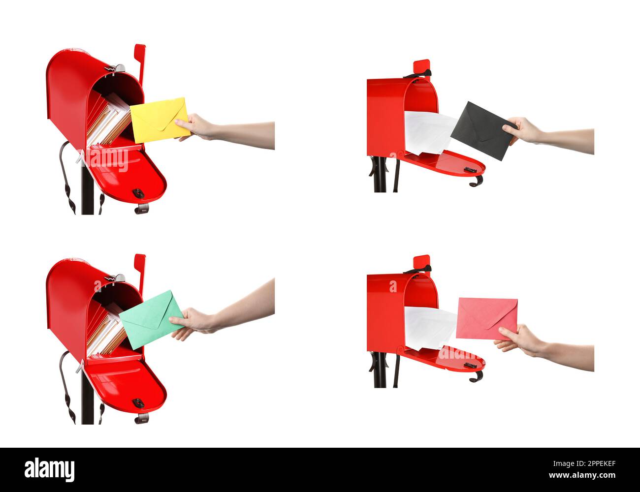 Collage with photos of women putting envelope in red letter box on ...