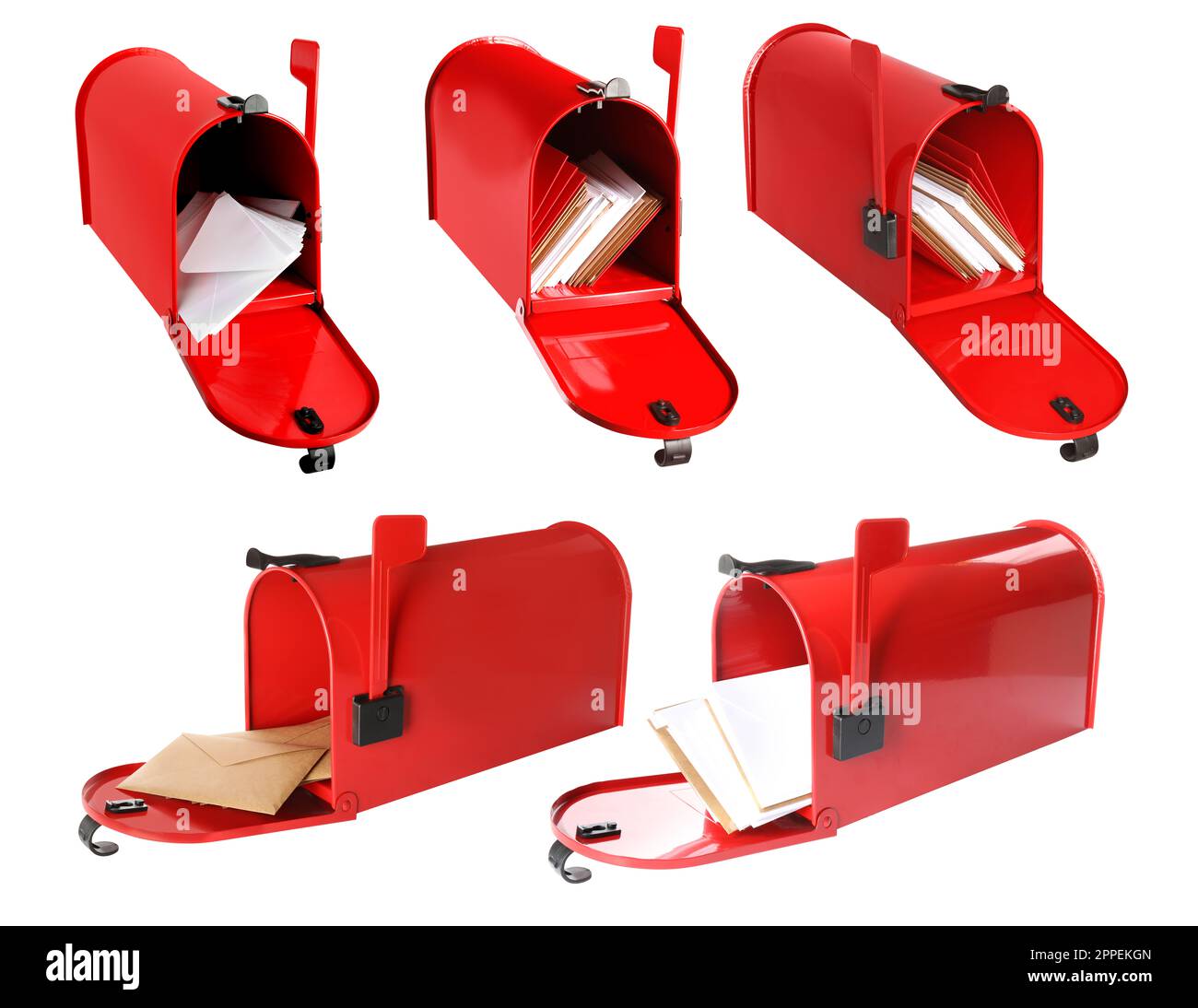 Set of open red letter boxes with correspondence on white background ...