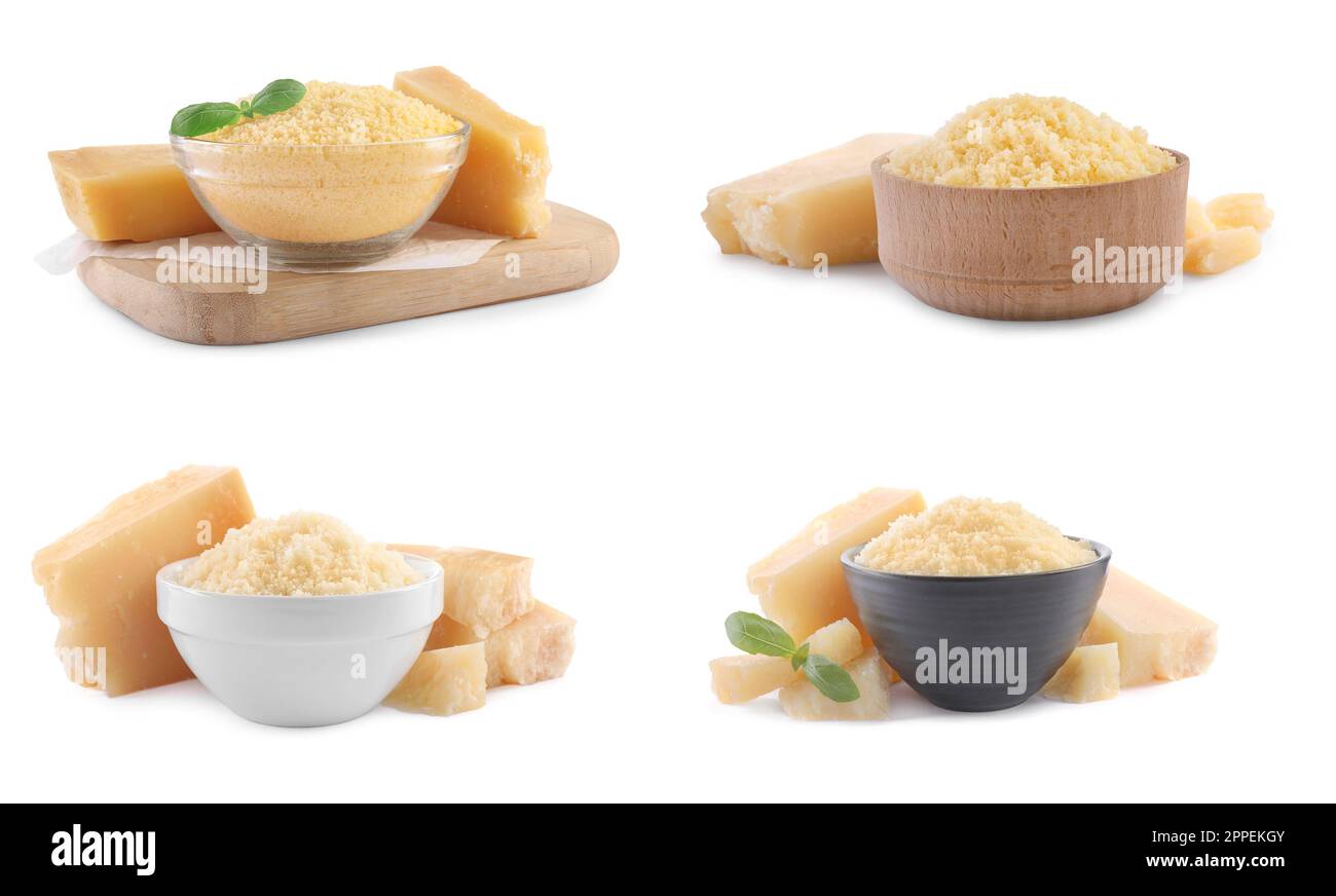 Set with delicious parmesan cheese on white background Stock Photo - Alamy