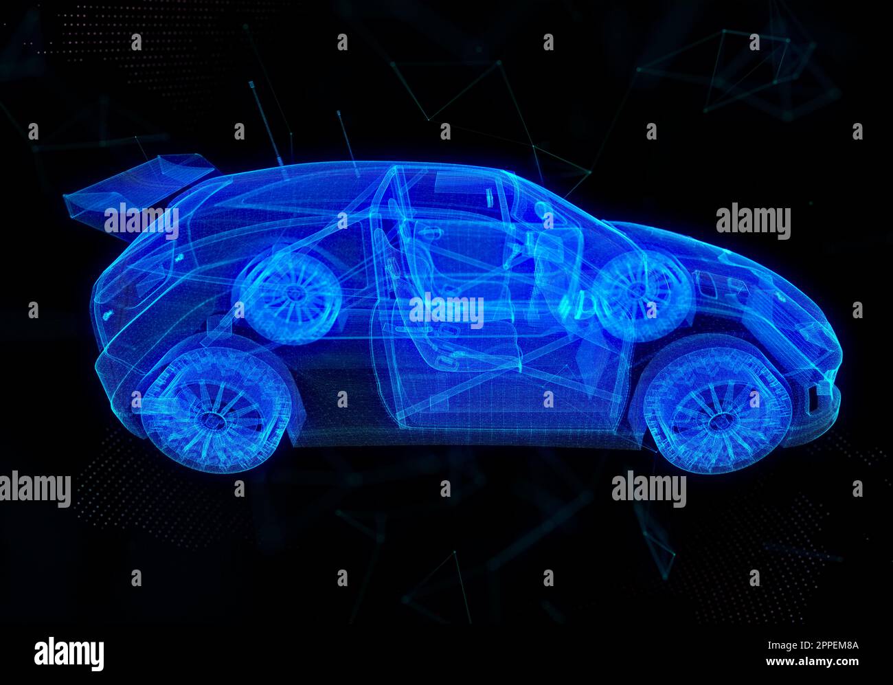 Futuristic wireframe car with ui digital environment. Glowing in the ...