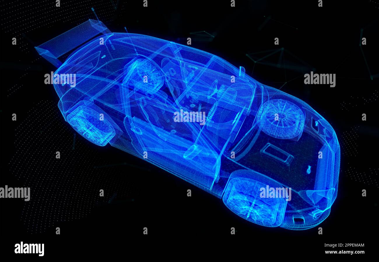 Wire model of a sports car with blue neon on a black background Stock ...