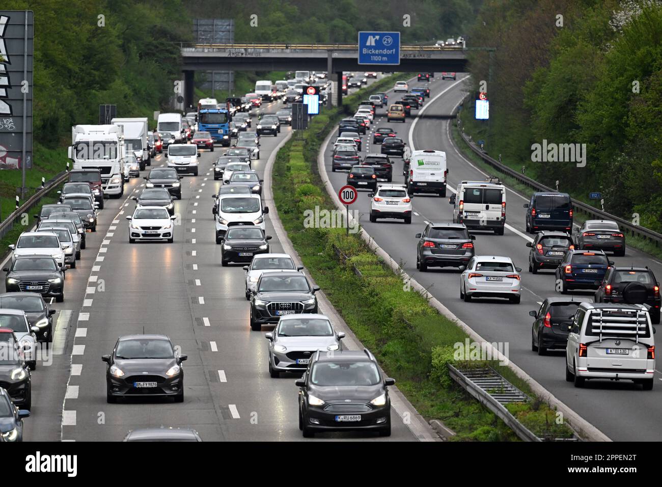 Cologne, Germany. 24th Apr, 2023. Cars drive across the Autobahn 57 in ...