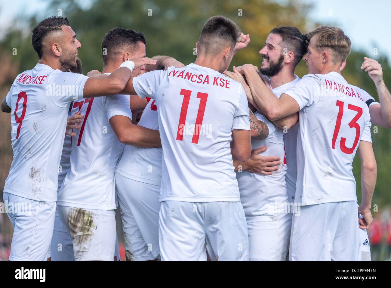 Ivancsa, Hungary – October 19, 2022. Ivancsa KSE players celebrating ...