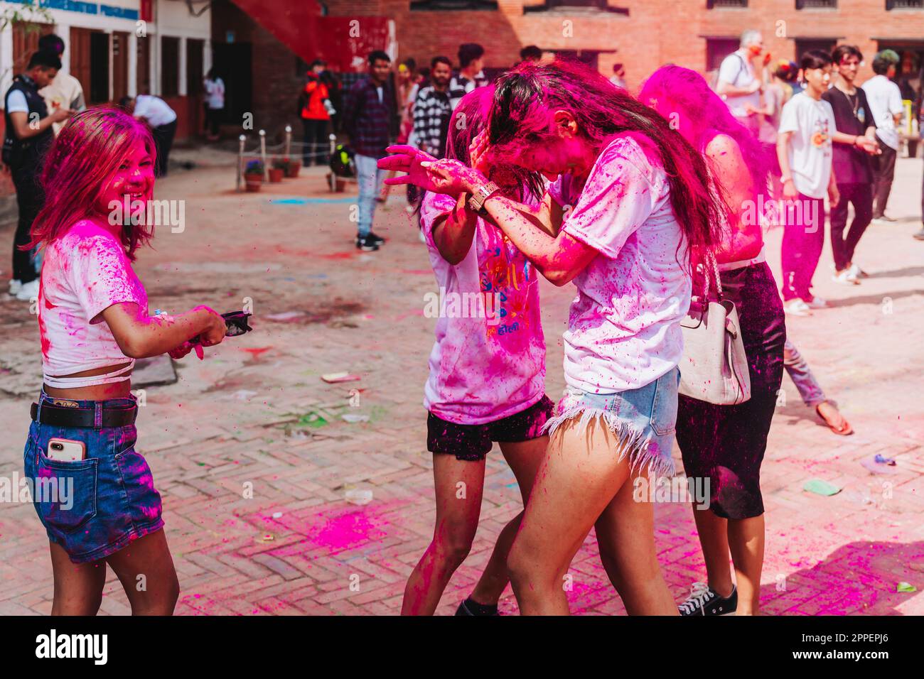 KATHMANDU, NEPAL - MARCH 6, 2023: Nepali People celebrating Happy Holi ...