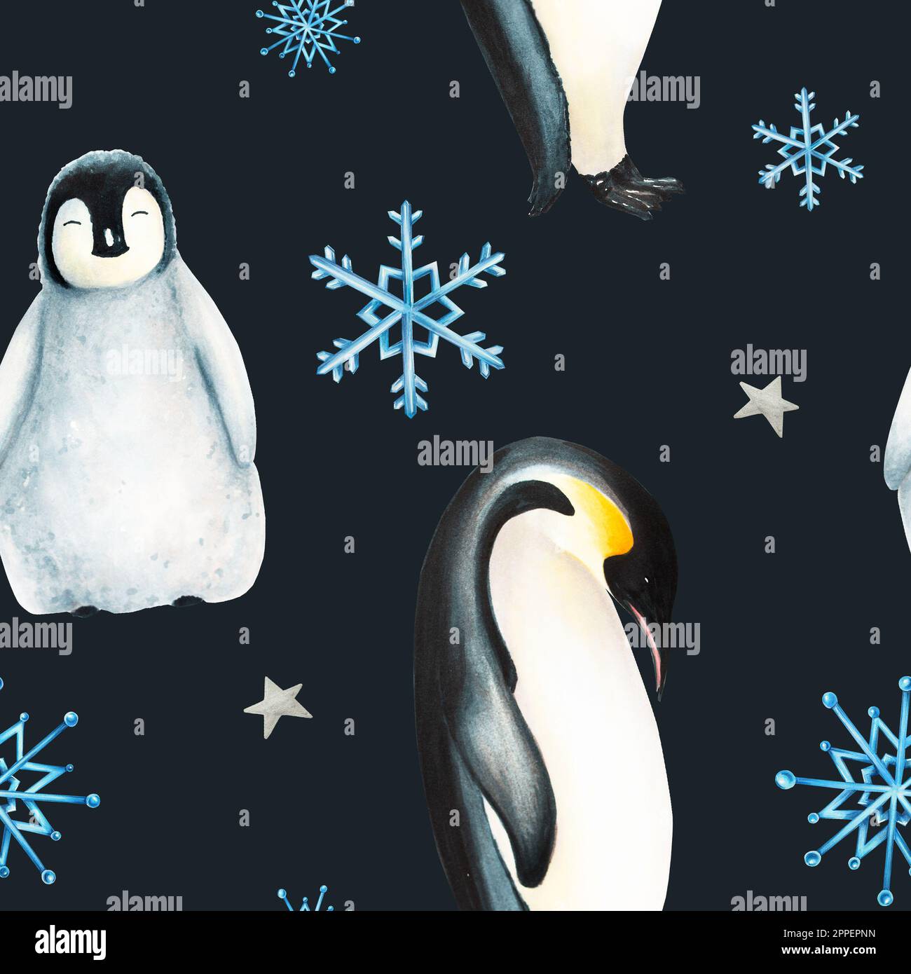 Watercolor winter seamless pattern illustration of a king penguin under ...