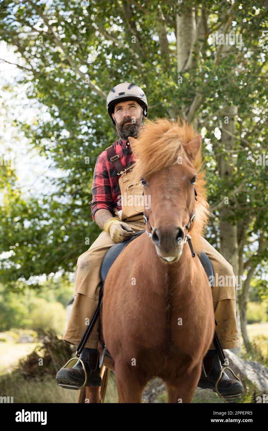 Male farmer in helmet riding horse Stock Photo - Alamy