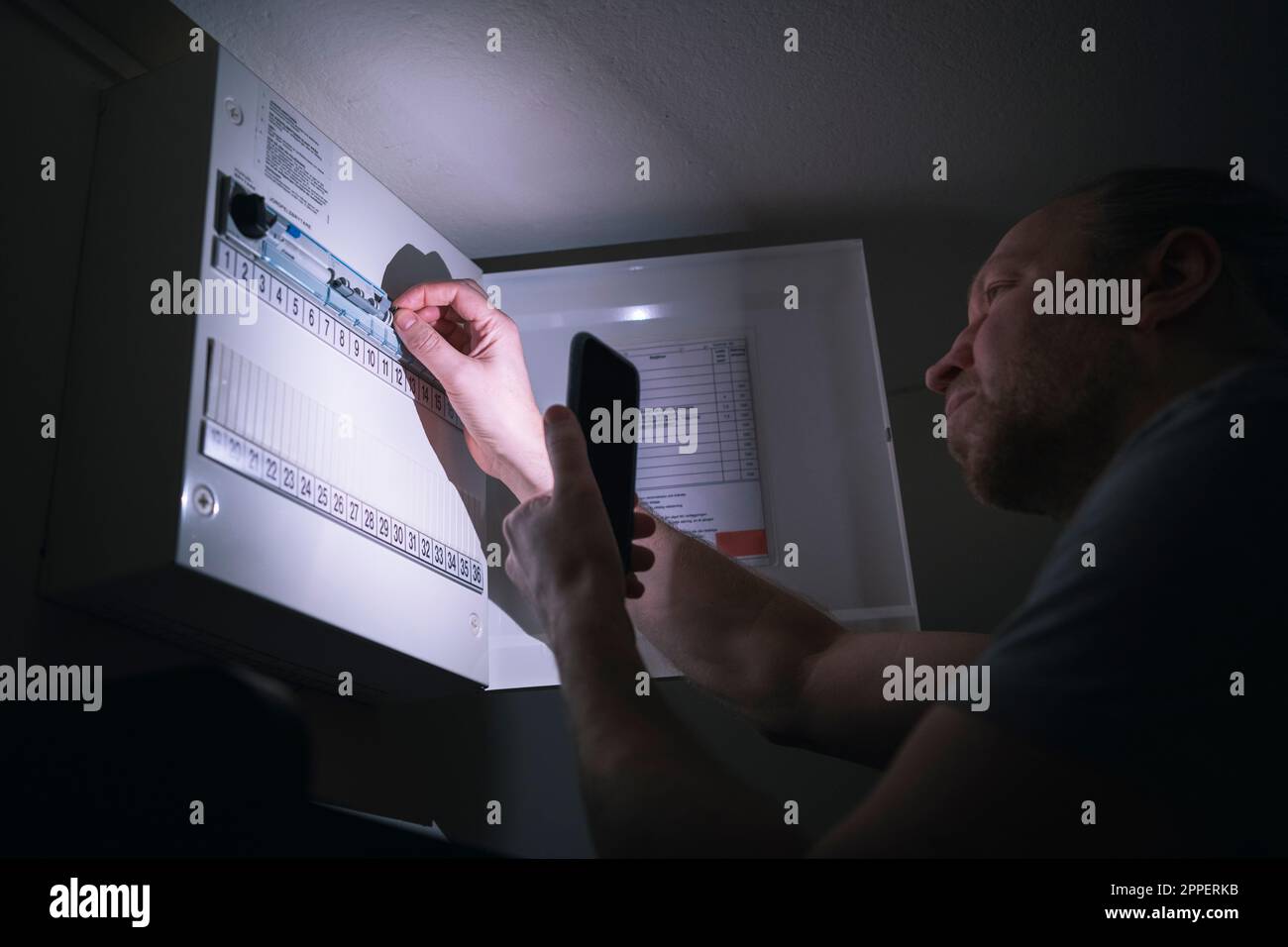 Electrician checking electrical cabinet at night Stock Photo - Alamy