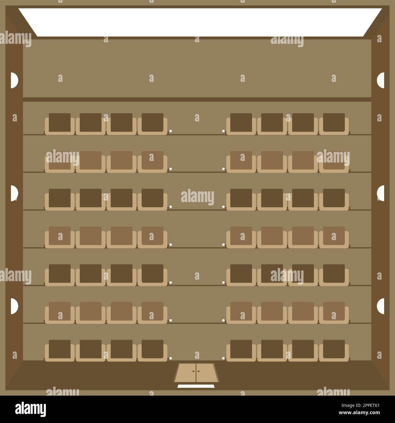 Cinema room with seats, white blank screen, top view. Empty theatre or ...