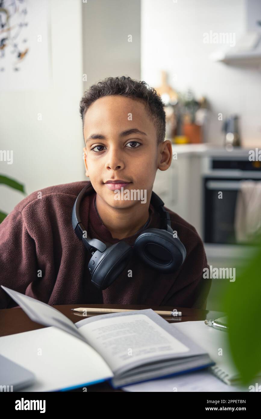 Boy doing homework at home Stock Photo - Alamy
