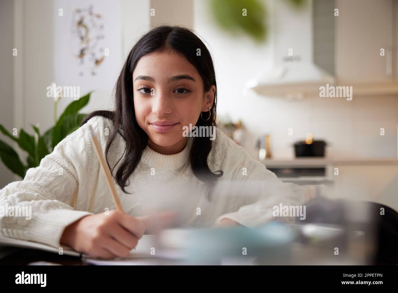 Girl doing homework at dining table Stock Photo - Alamy