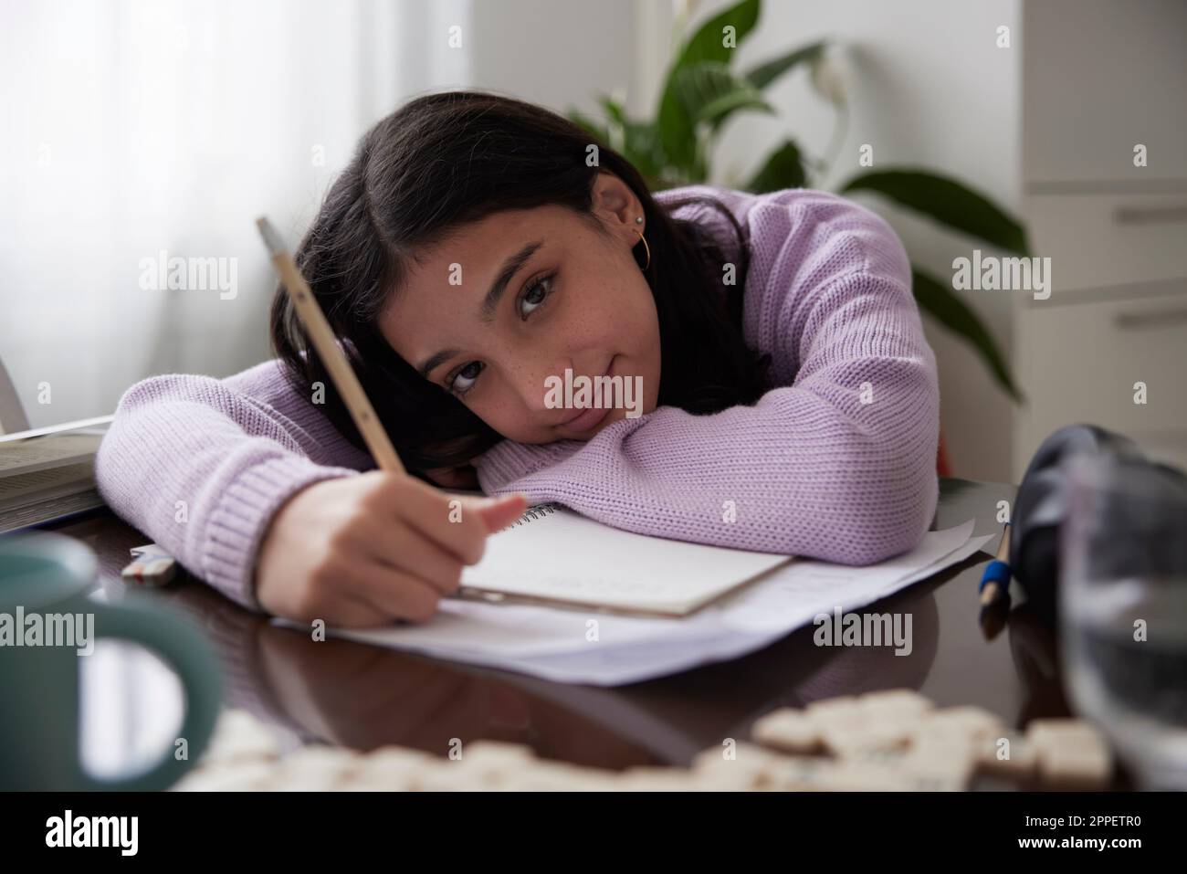 Girl doing homework at dining table Stock Photo - Alamy