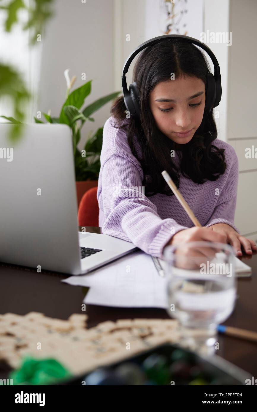 Girl doing homework with laptop at dining table Stock Photo - Alamy