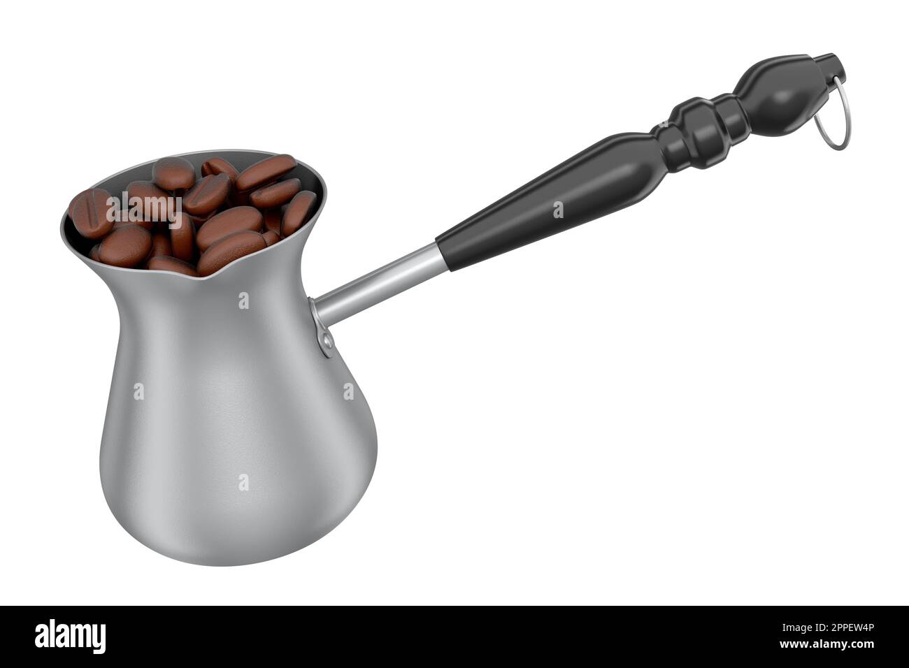 Turkish coffee cooked in sand or maker cezve with coffee bean on white ...