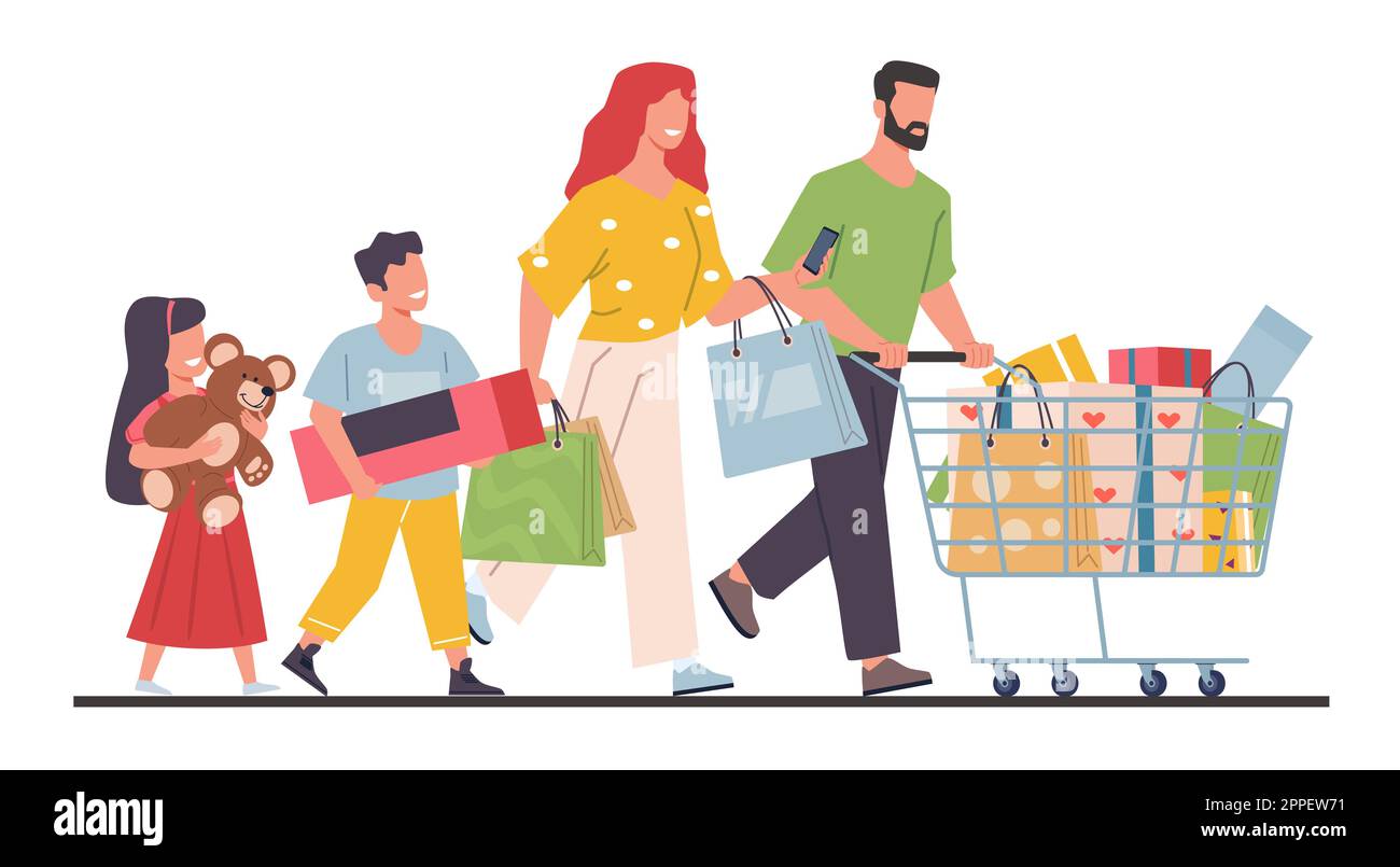 Happy family with shopping in hand and cart. Father carrying cart for ...