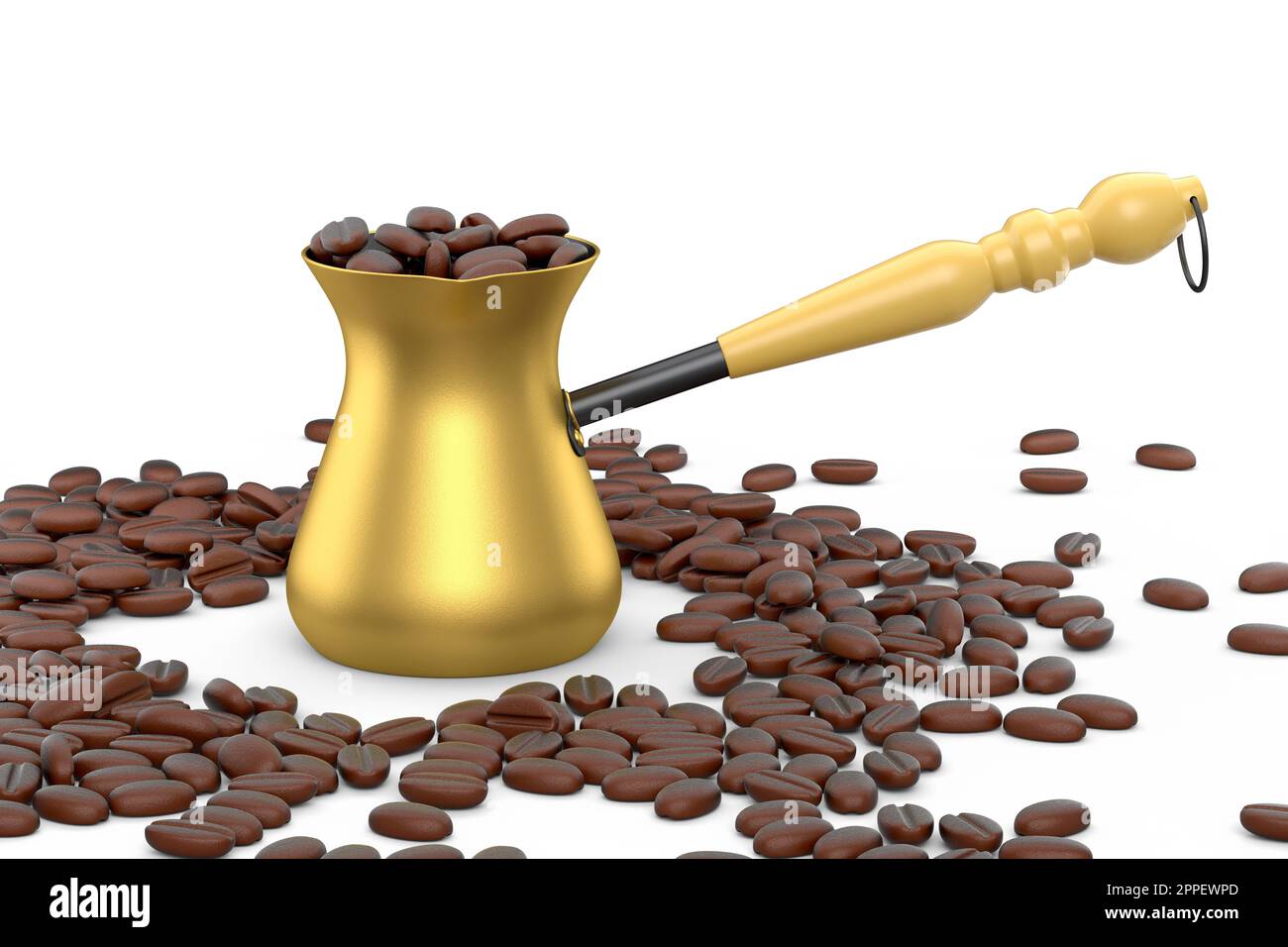 Turkish coffee cooked in sand or maker cezve with coffee bean on white ...