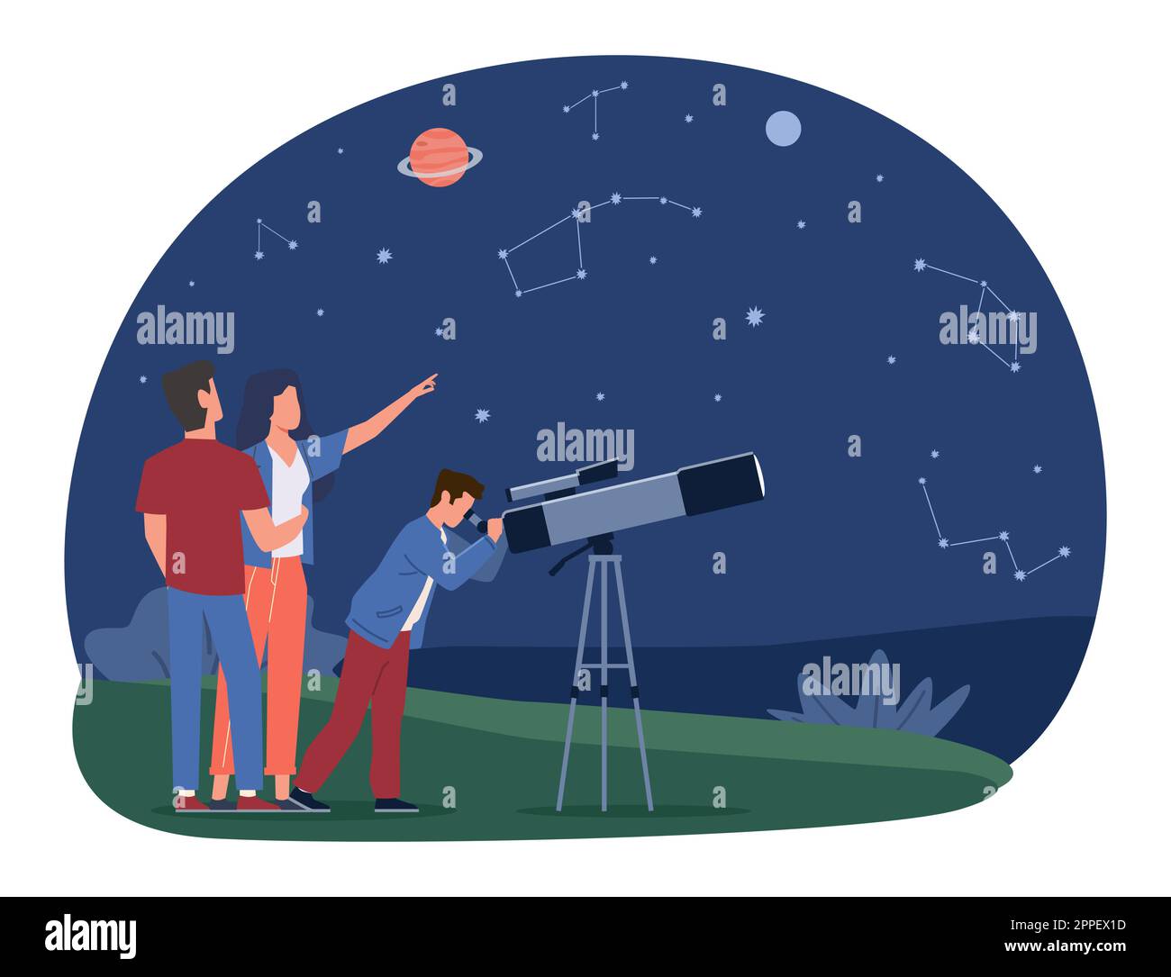 Mother, father, and son watching stars and planets through telescope together. Family leisure ...