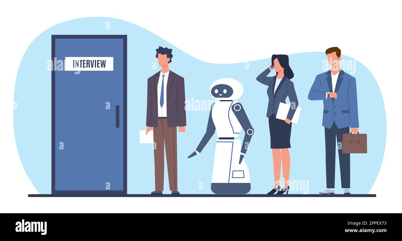 People and robot standing in line waiting to be interviewed before ...