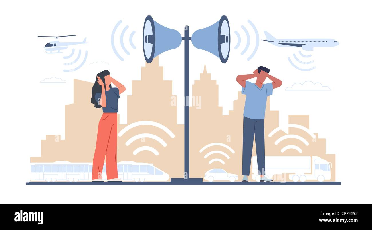 People who suffer from loud noisy city sounds. Man and woman covering ...