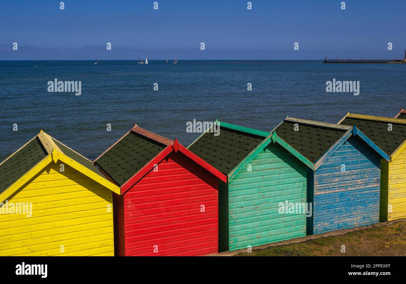 The view out to sea from the beach huts in Whitby, North Yorkshire ...
