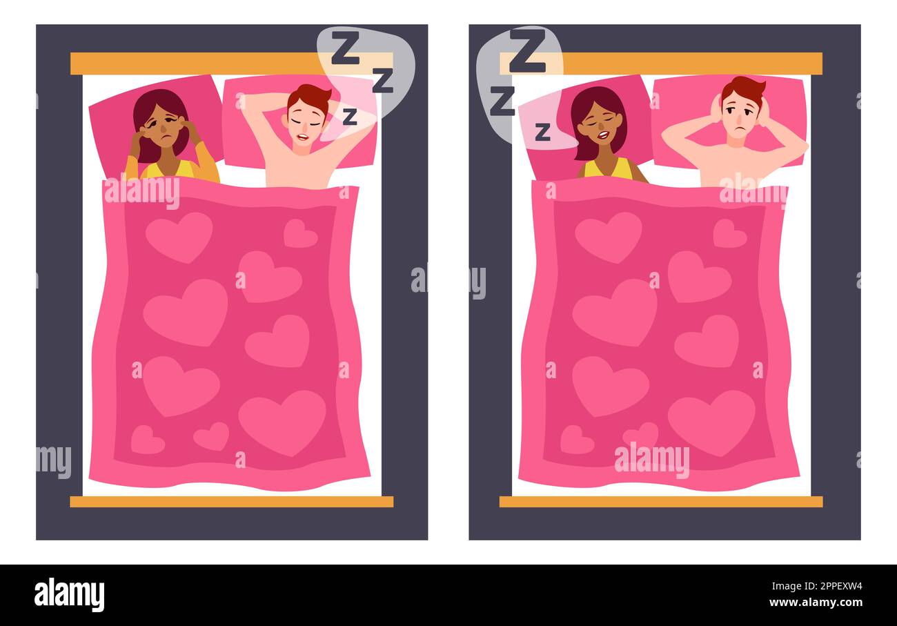 Snoring, insomnia, poor sleep, irritable men and women lying in bed ...