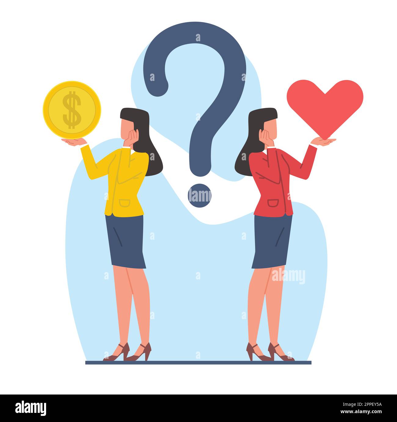 Woman makes choice between love and money. Female character thinking ...