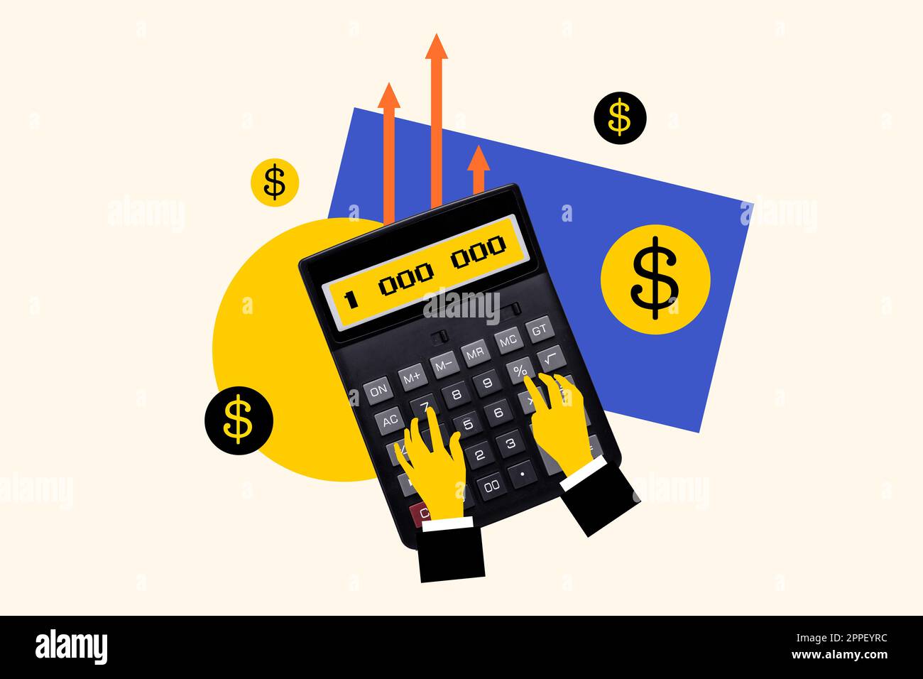 Composite collage image of human person arms press calculator buttons ...