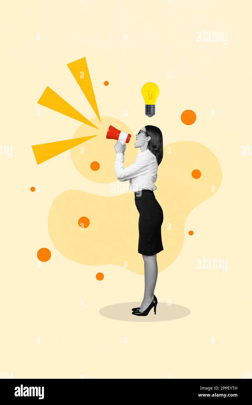 Vertical collage portrait of black white effect elegant girl hold ...