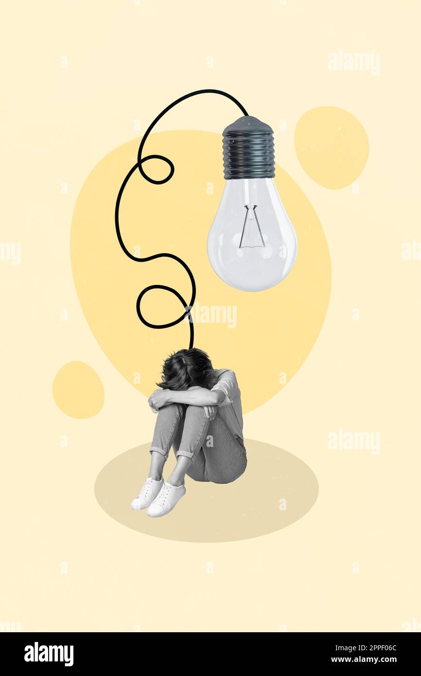 Vertical collage picture of big light bulb connected mini small ...