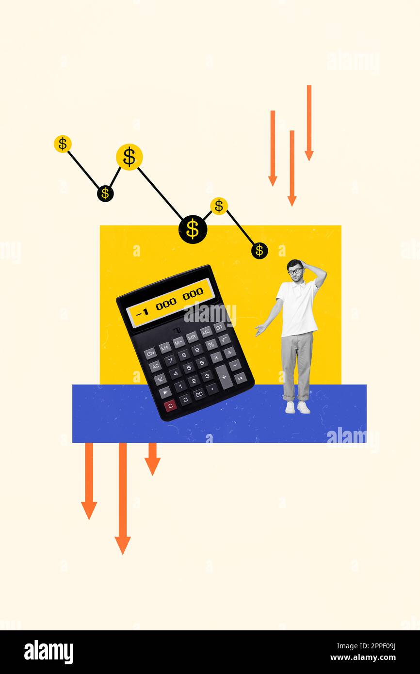 Vertical collage picture of mini black white colors guy clueless ...