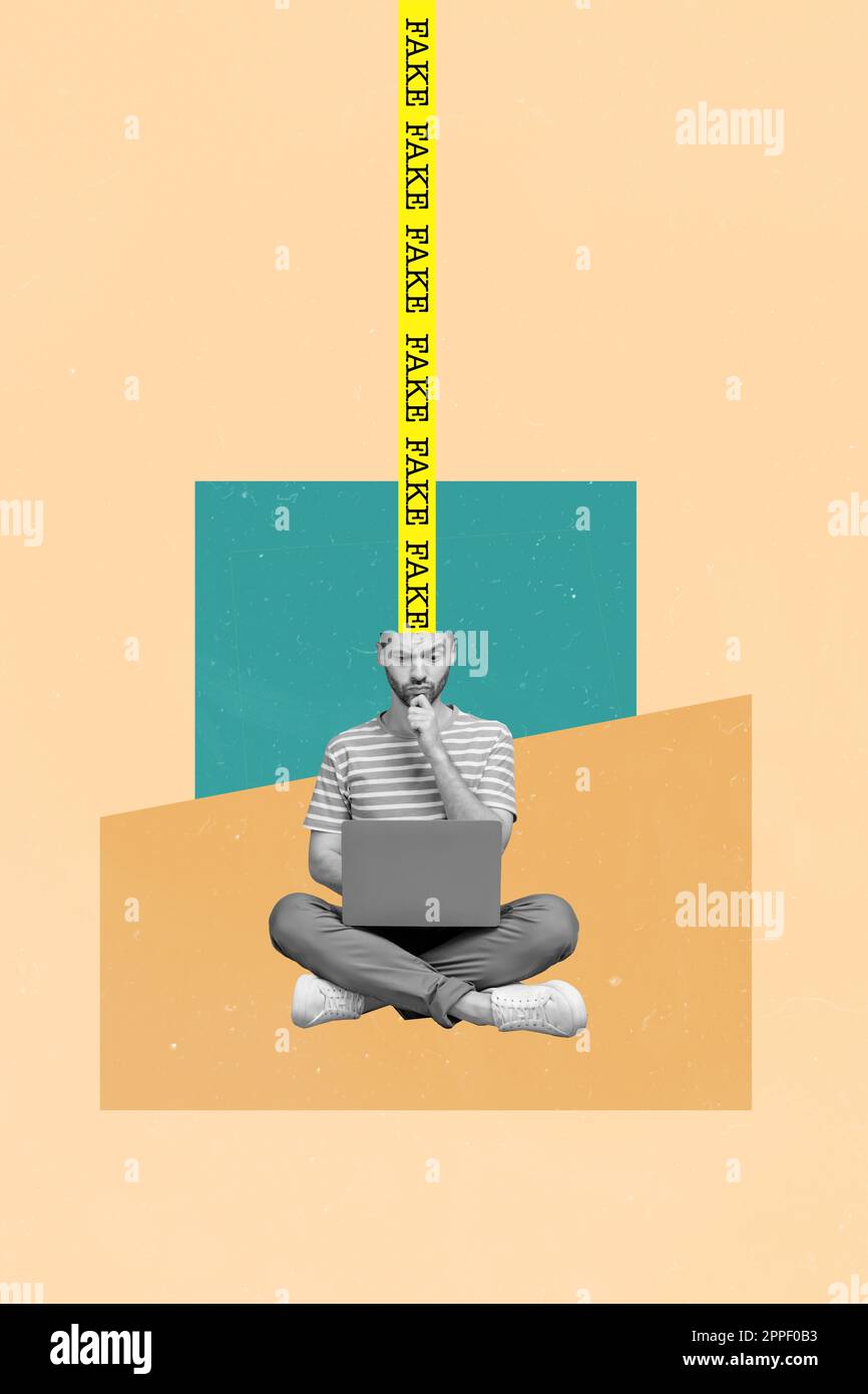 Vertical collage picture of minded black white colors guy use netbook ...