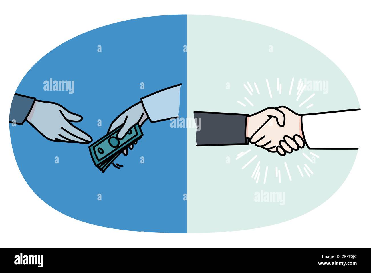 Close up of businesspeople shake hands and give money. Employees ...