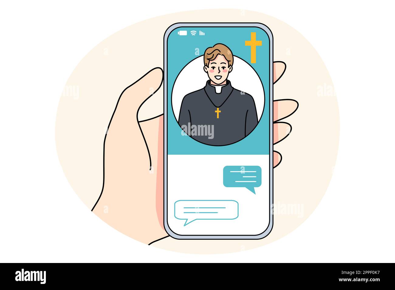Person hold cellphone have video call with priest. Human talk speak on ...