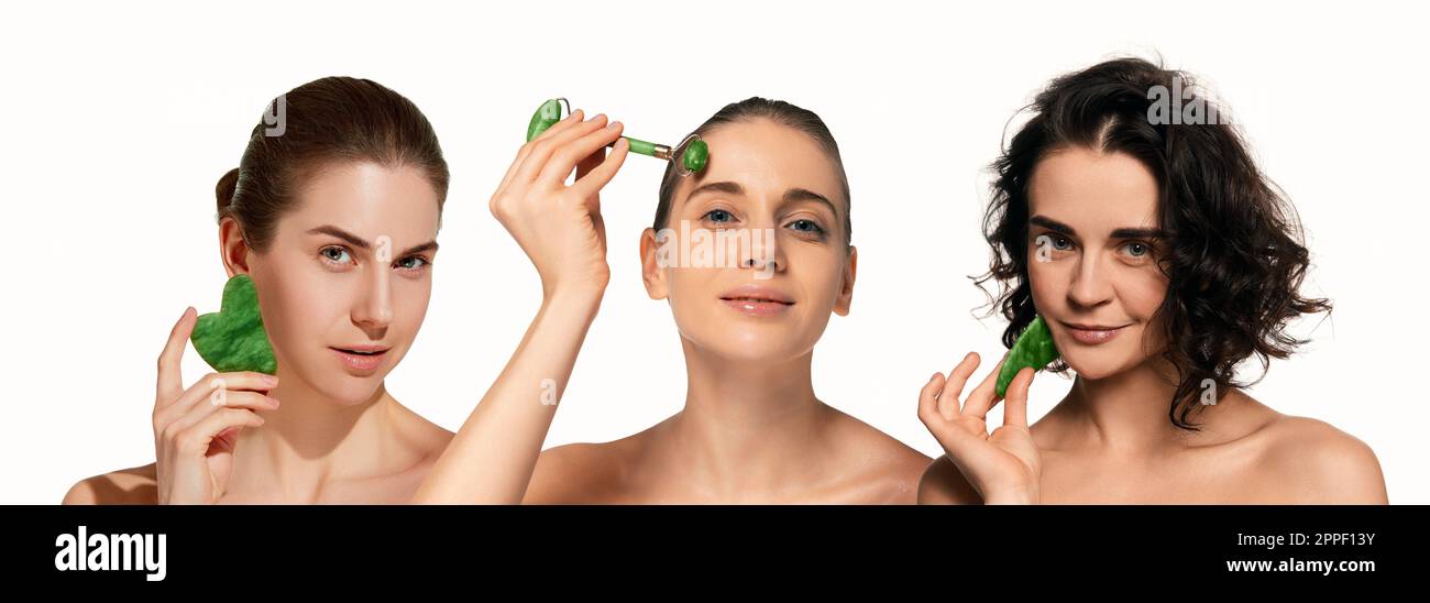 Collage. Beautiful women with well-kept healthy skin taking care after ...
