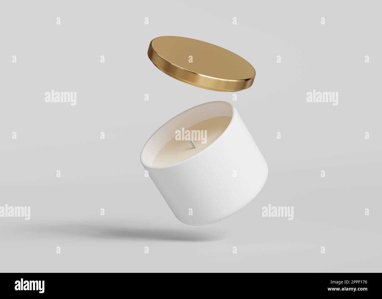 White ceramic candle jar with gold lid open floating mockup, 3D render Stock Photo - Alamy