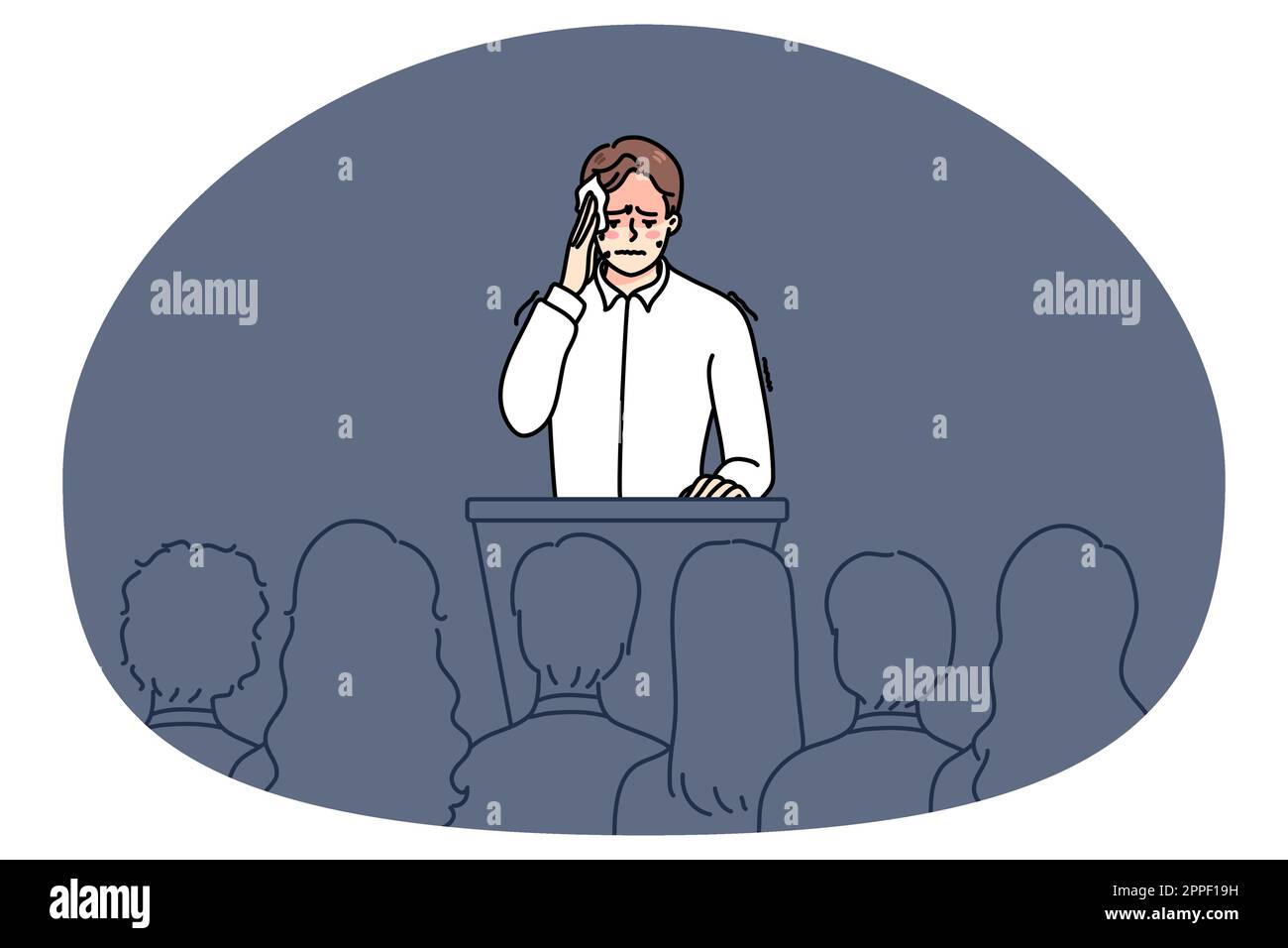 Nervous man feel stressed speaking in front of public. Anxious worried ...