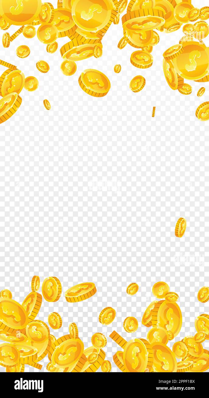 American dollar coins falling. Scattered gold USD coins. USA money ...