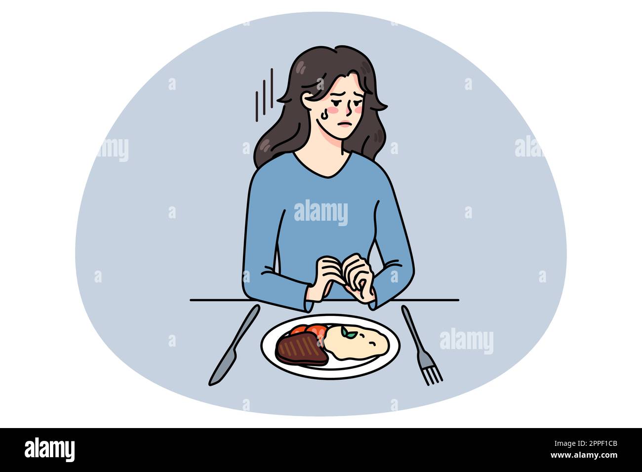 Unhappy young woman sit at table with food struggle with eating ...