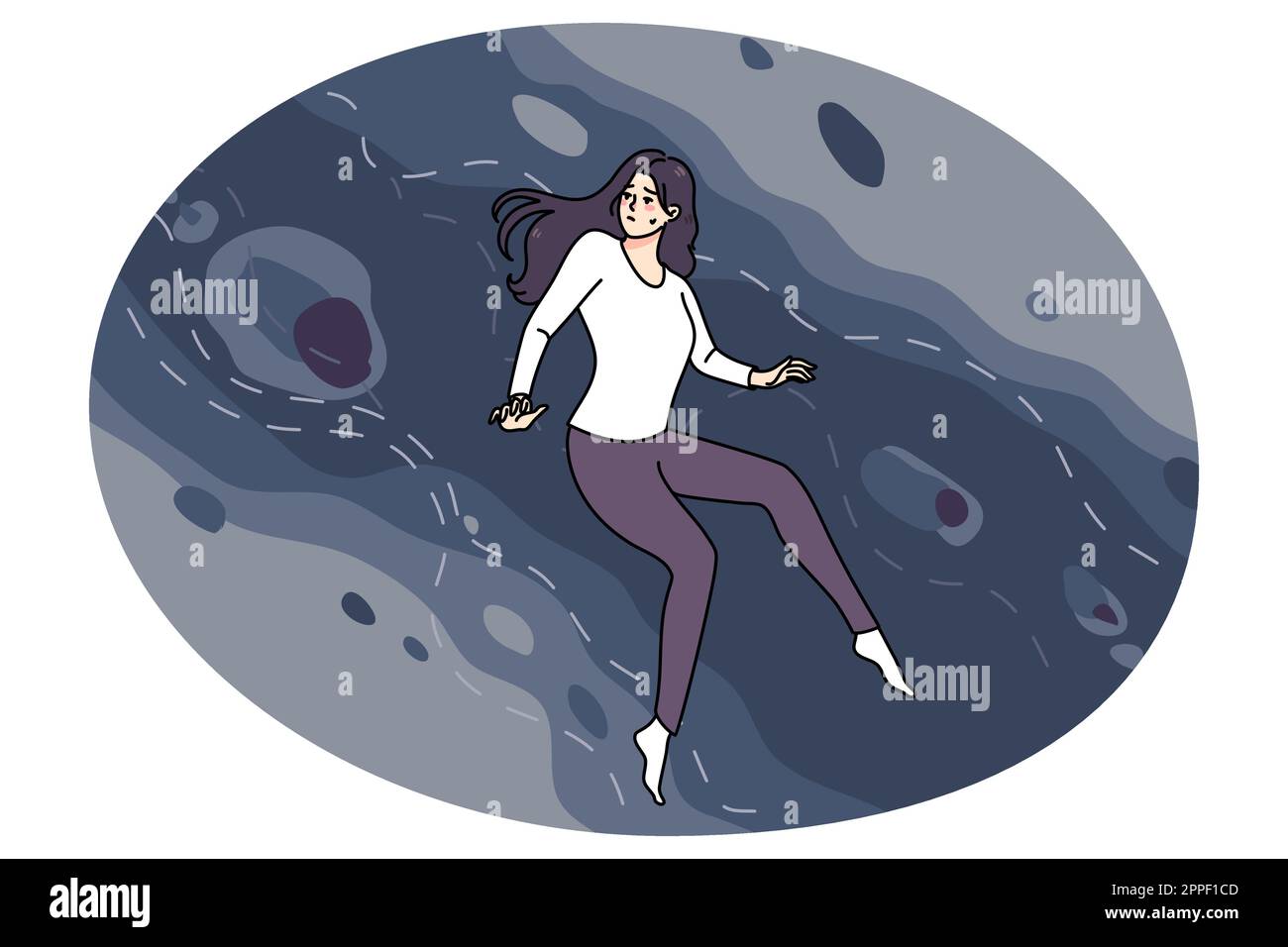 Anxious young woman wander through unknown risky area. Scared girl in ...