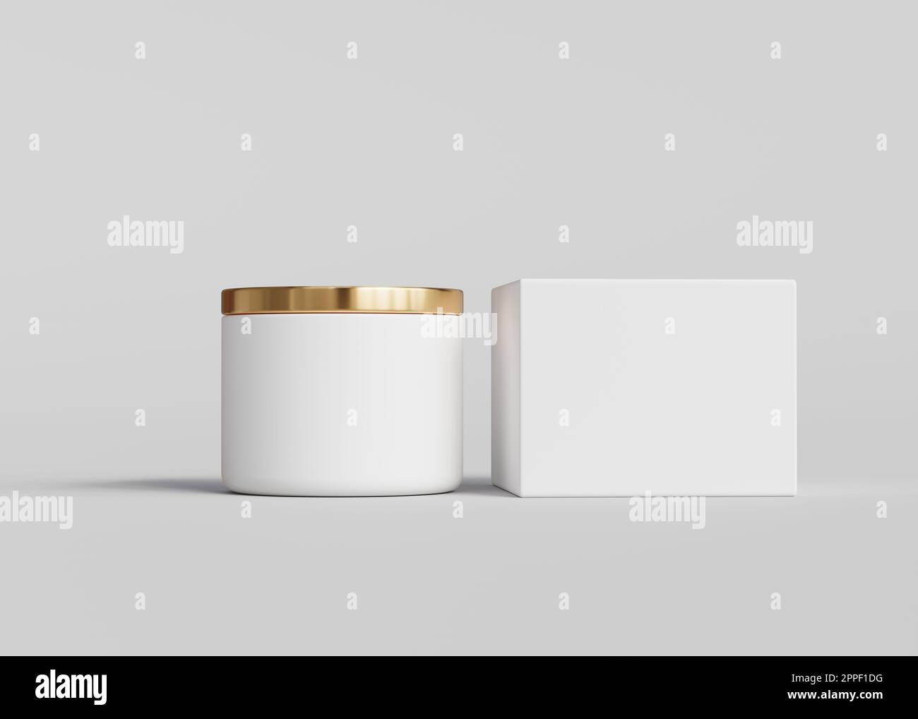 White ceramic candle jar with gold lid and empty box front view mockup, 3D render Stock Photo ...