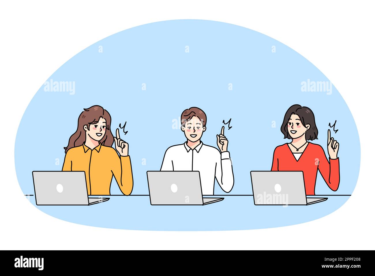 Smiling diverse people working on computer online brainstorm generate ...