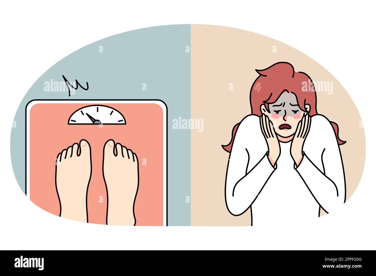 Unhappy stunned woman stand on scales shocked by weight on screen ...