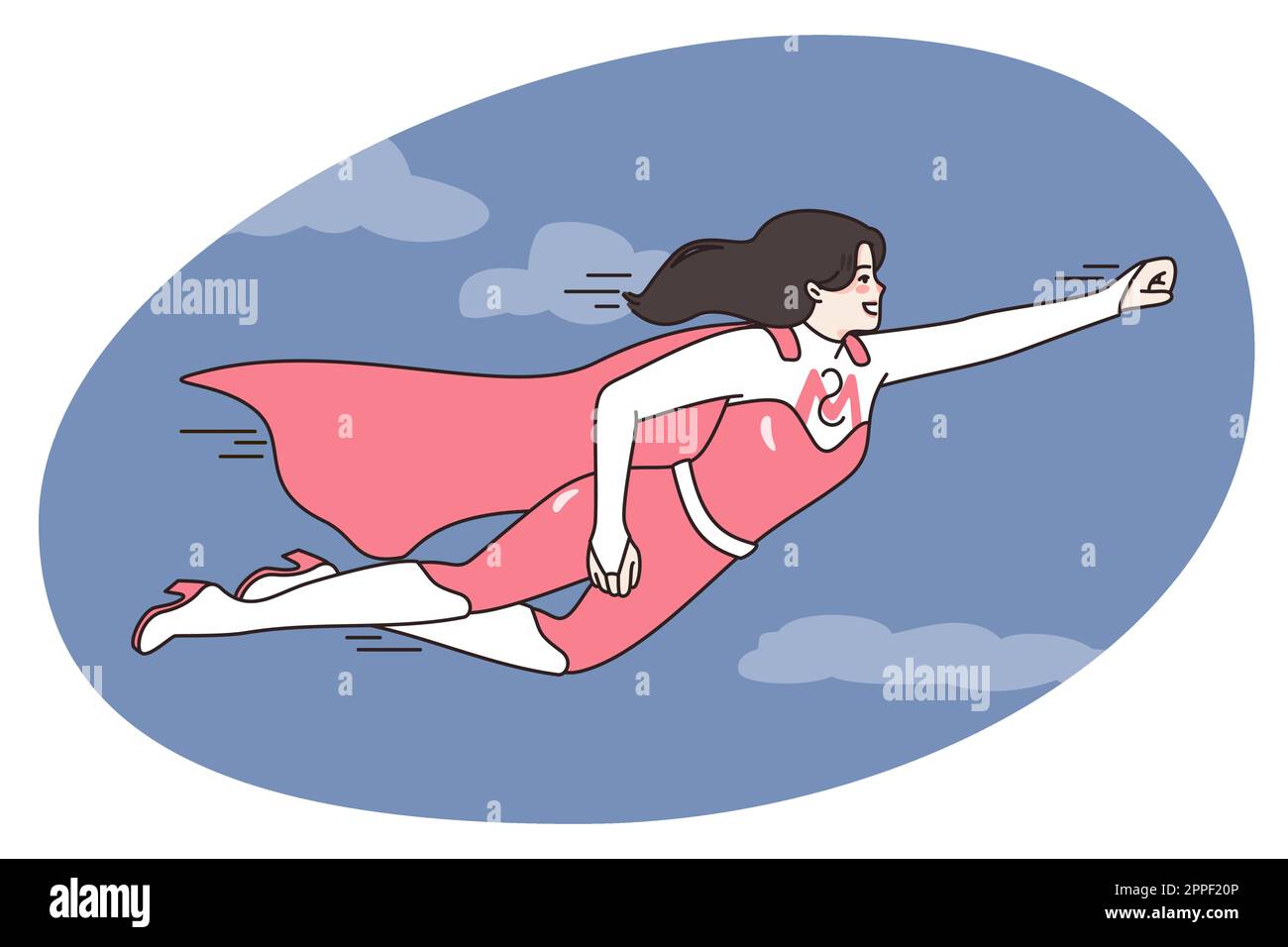 Smiling young mother in superhero costume fly in sky. Happy active ...